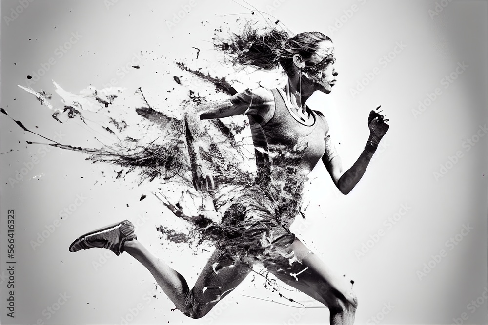 Generative AI of Illustration a woman runner who is disintegrating as ...