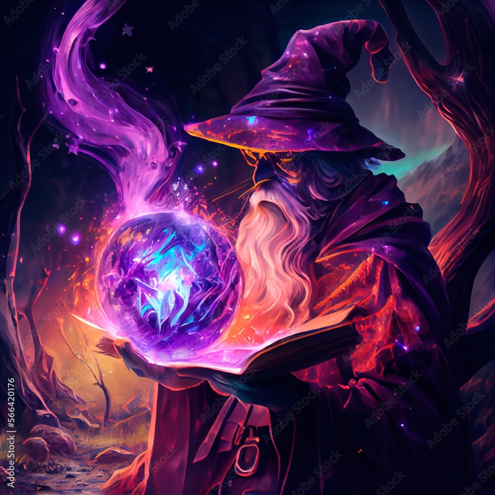 A wizard looks in a magic book to cast a magic spell. Generative AI Art ...