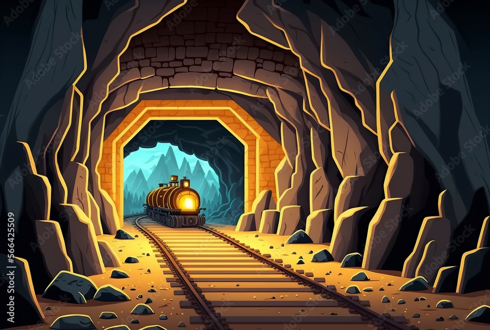 cartoon illustration, tunnel of a mine with railway ,rocks and stones ...
