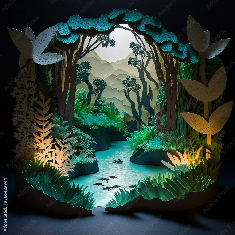 environment: Amazon jungle scenes, papercraft diorama style (generative ...