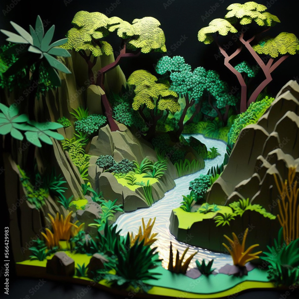 environment: Amazon jungle scenes, papercraft diorama style (generative ...