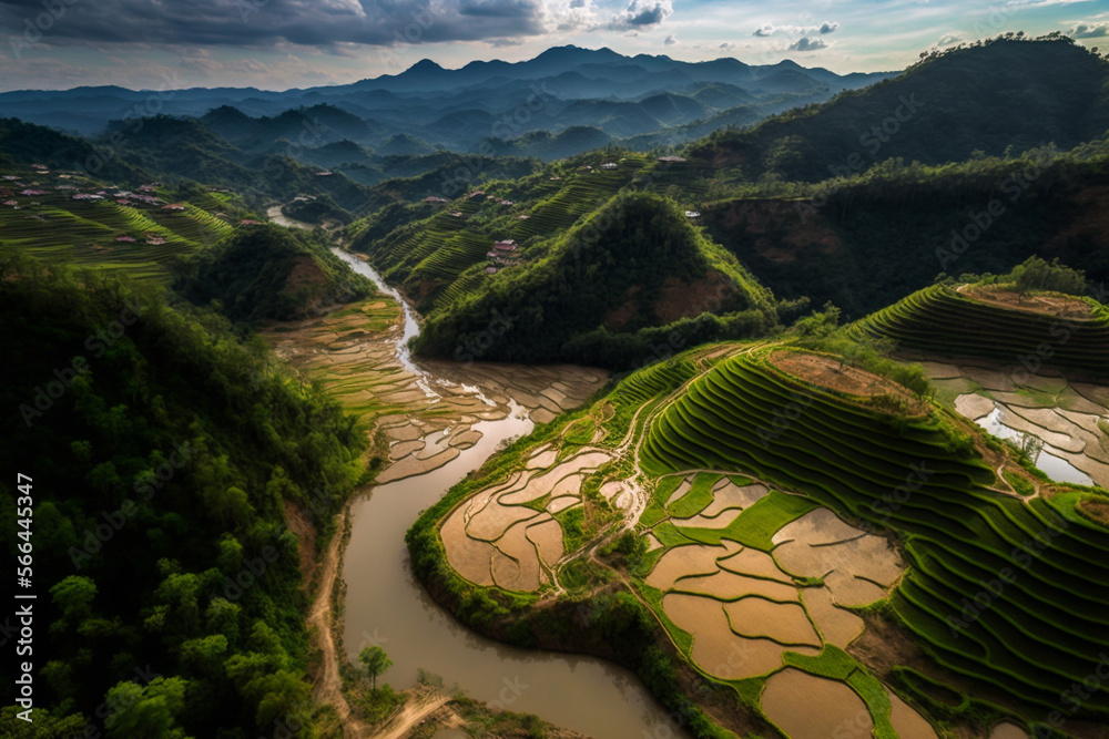 rice terraces in a distant valley, Generative AI Stock Illustration ...