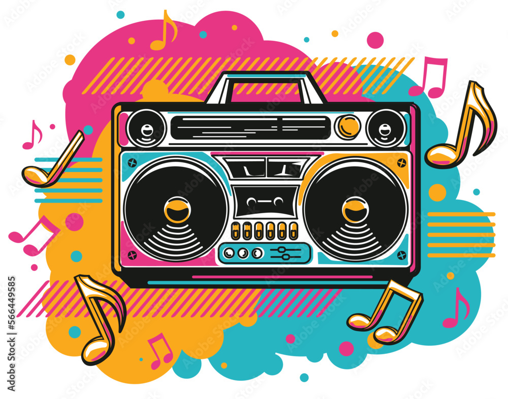 Music design - colorful boom box tape recorder and musical notes Stock ...