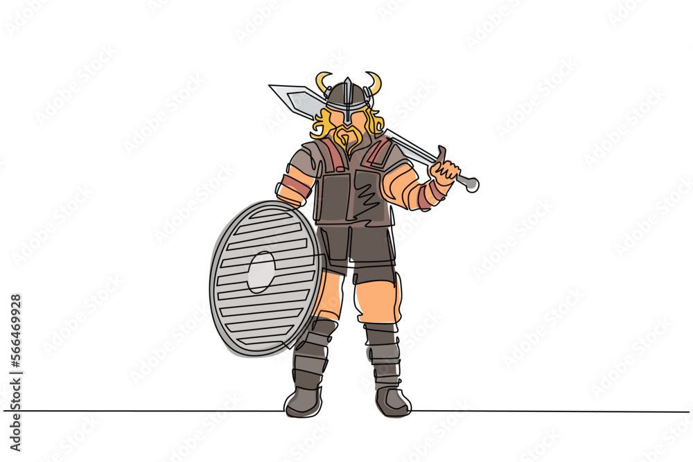 Continuous one line drawing norseman viking warrior raider barbarian ...