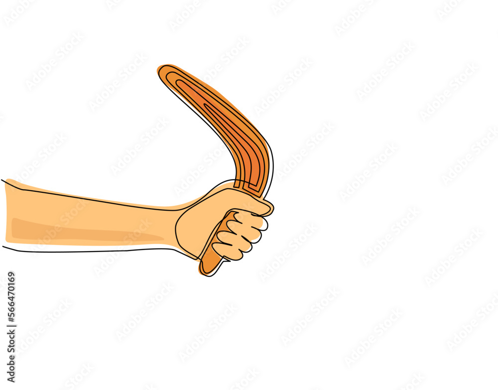 Single one line drawing hand holding boomerang, ancient aboriginal ...
