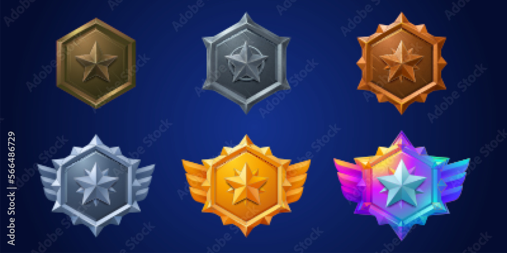 Military game ranking badge set with star insignia. Vector cartoon ...
