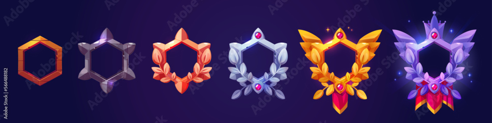 Fantasy hexagon frames of game avatars. Award ranking wooden, stone ...