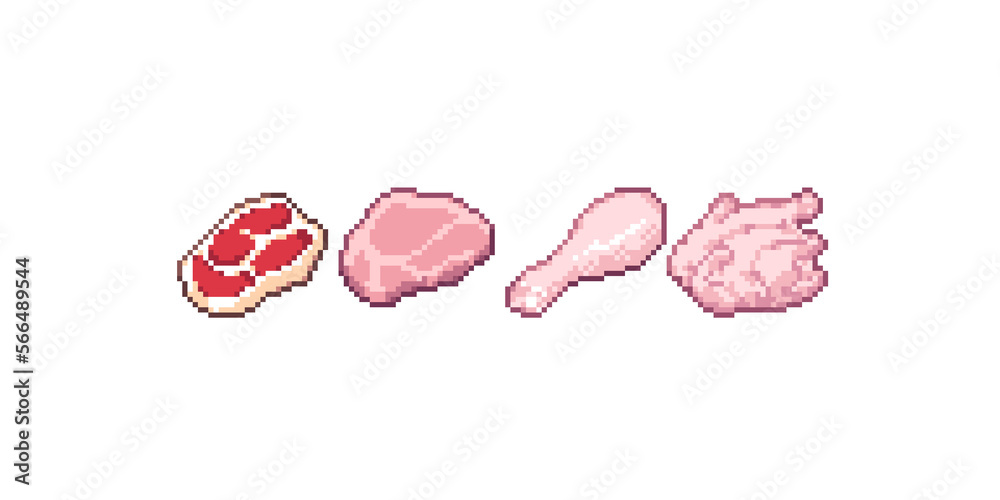 Meat Pixel Art Icons created in 32x32 resolution including raw steak ...
