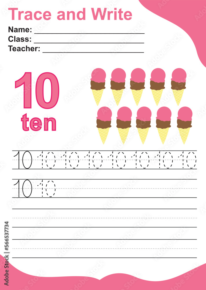 Vetor Number ten tracing practice worksheet with ten chocolate ...
