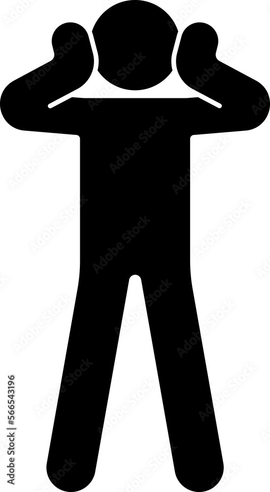 Three wise monkey stick figure man hear no evil icon. Black and white ...