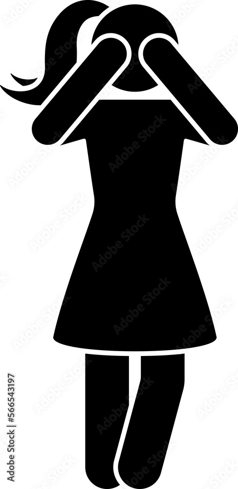 Three wise monkey stick figure woman see no evil icon. Black and white ...