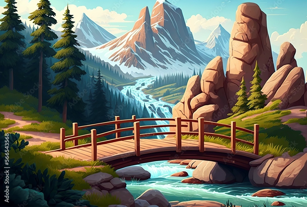 cartoon illustration, log bridge between mountains above rock ...