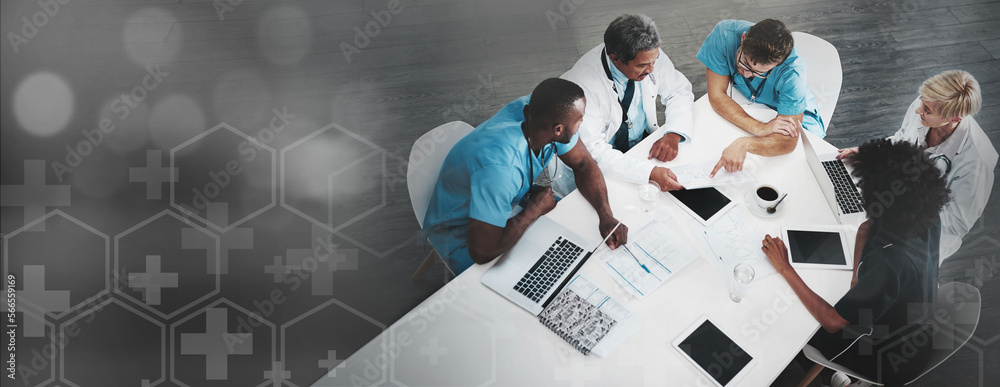 Above, discussion and doctors in a meeting about healthcare, medical ...
