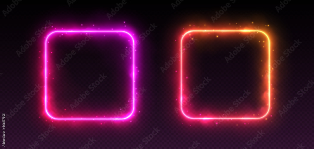 Neon frames with smoke and sparkles, gradient LED borders with fog and ...