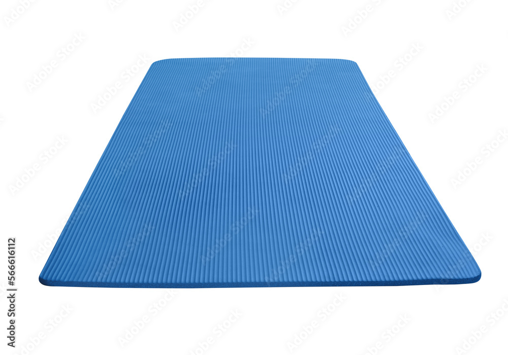 Blue rolled out yoga mat isolated on white background with clipping ...