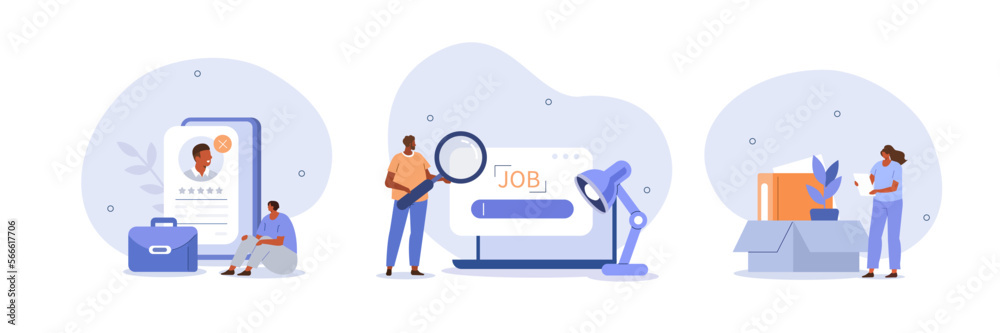 Job searching and loss illustration set. Characters getting CV ...