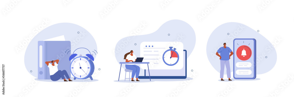 Time management illustration set. Characters using time tracker ...