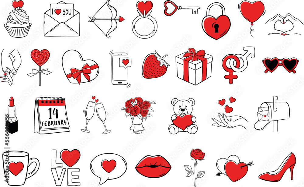 Valentine's Day hand drawn icons in doodle style, Heart and Love ...