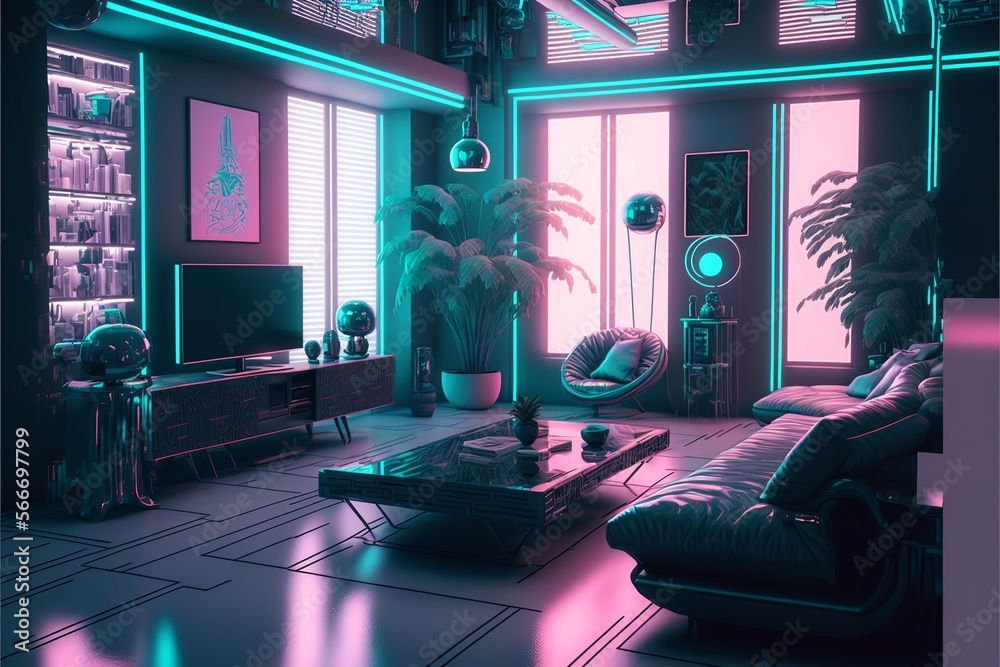 Futuristic cyberpunk style living room with a big screen tv, potted ...