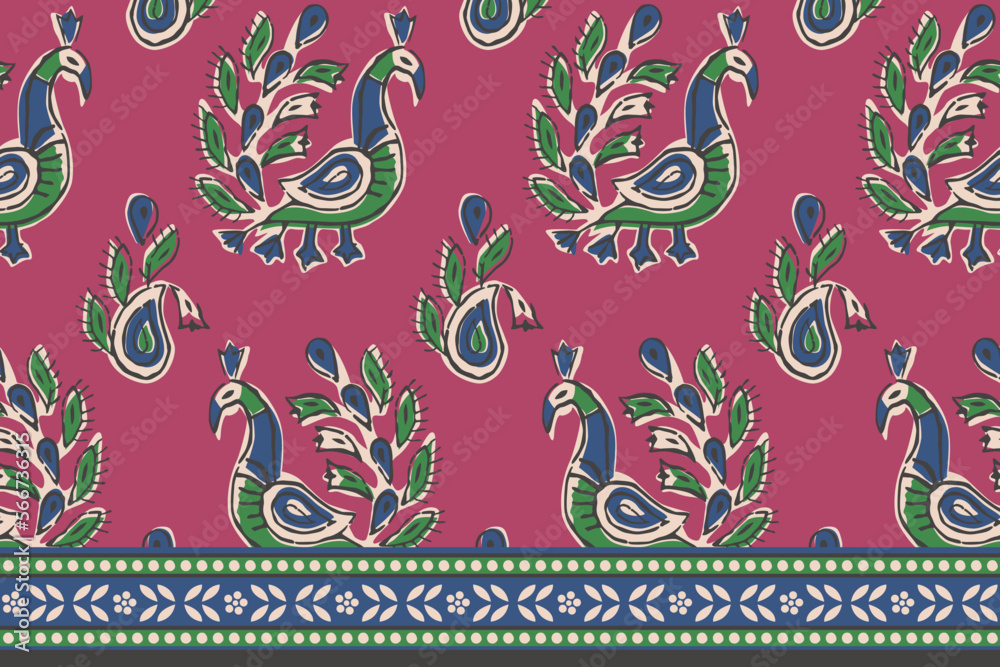 HAND DRAWN PEACOCK PATTERN WITH BORDER AJRAKH BAGRU SANGANER BLOCK ...