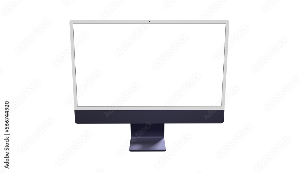Computer display with white blank screen. Front view. Isolated on white background. 3D ...