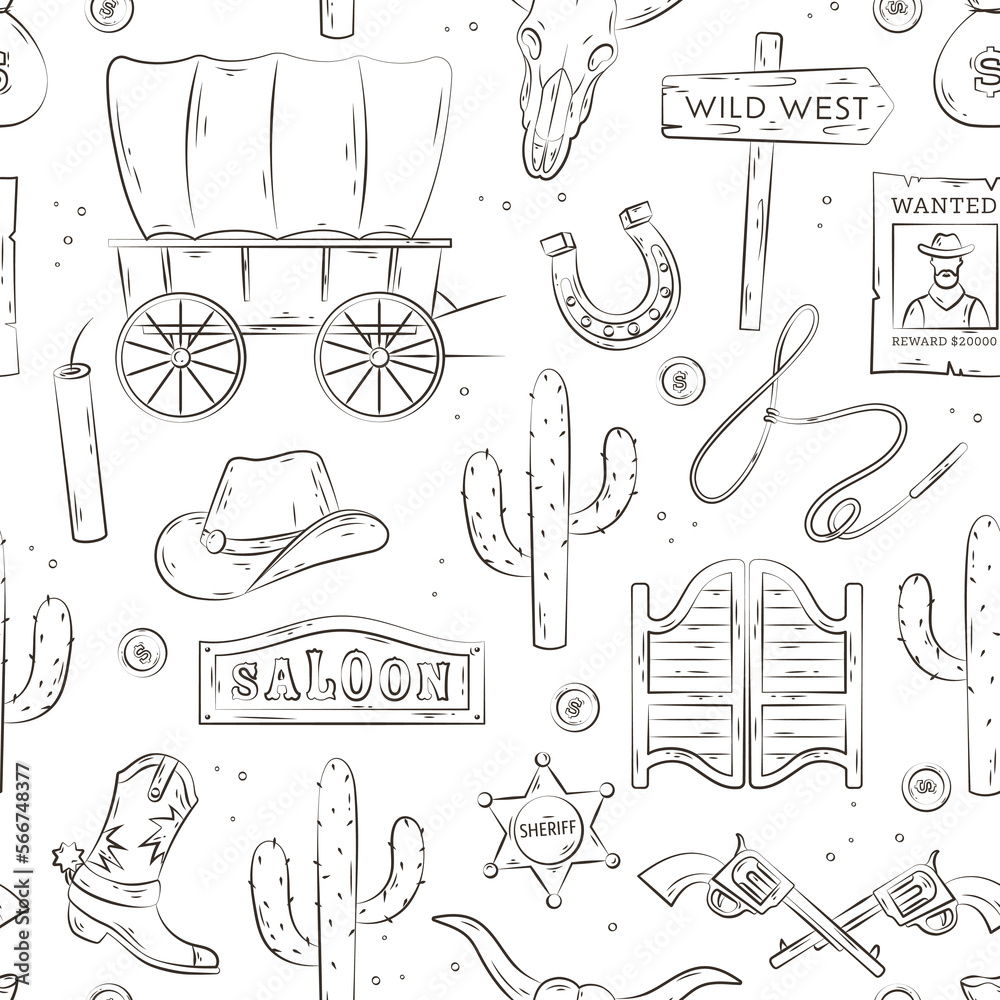 Wild West seamless pattern. Vector hand drawn background of western ...