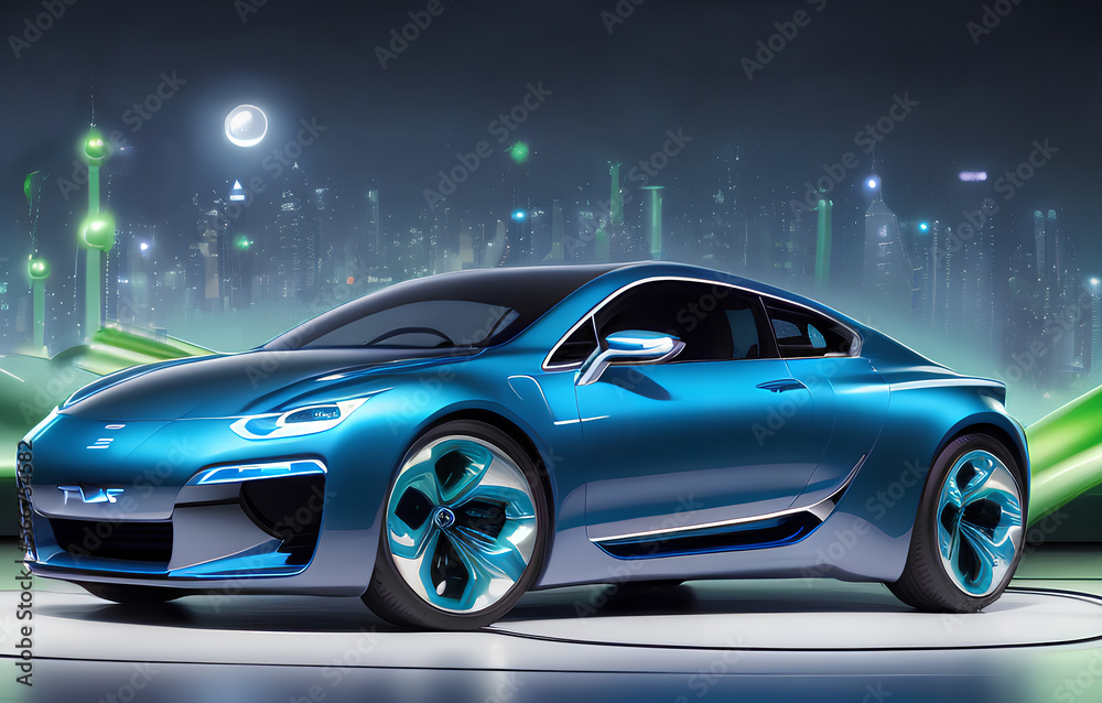 Blue metallic light electric hydrogen car concept in the night city of ...