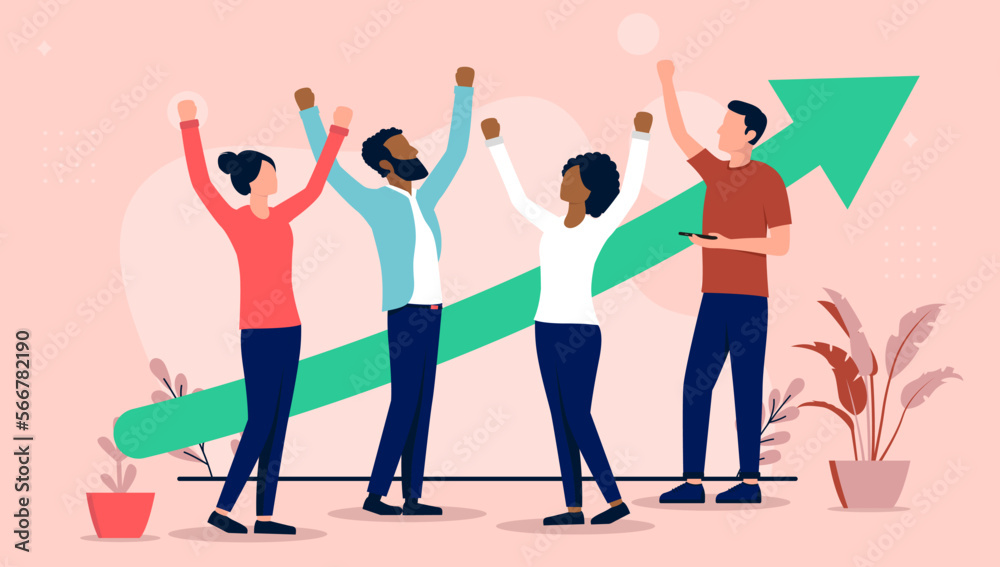 Successful team of people - Group of four diverse characters cheering ...