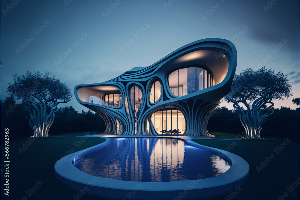 organic architecture villa exterior with infinity pool. designed using ...