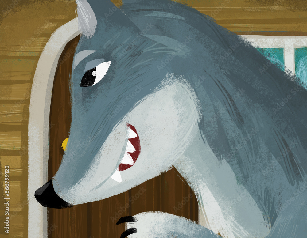 cartoon scene with evil wolf spying near wooden house illustration for ...