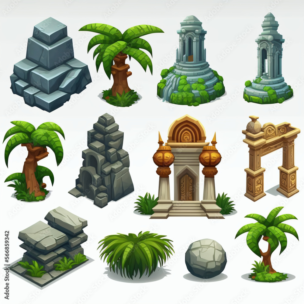 jungle archelogy temple set of videogame sprite assets isolated on a ...