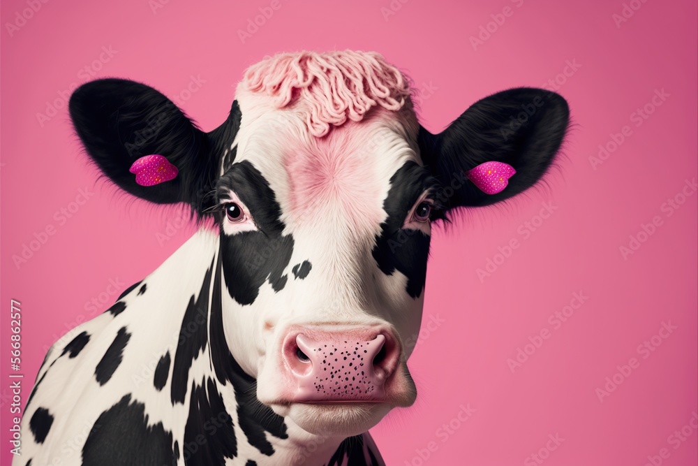 Glamorous cow with make-up, on a pink background, created with ...