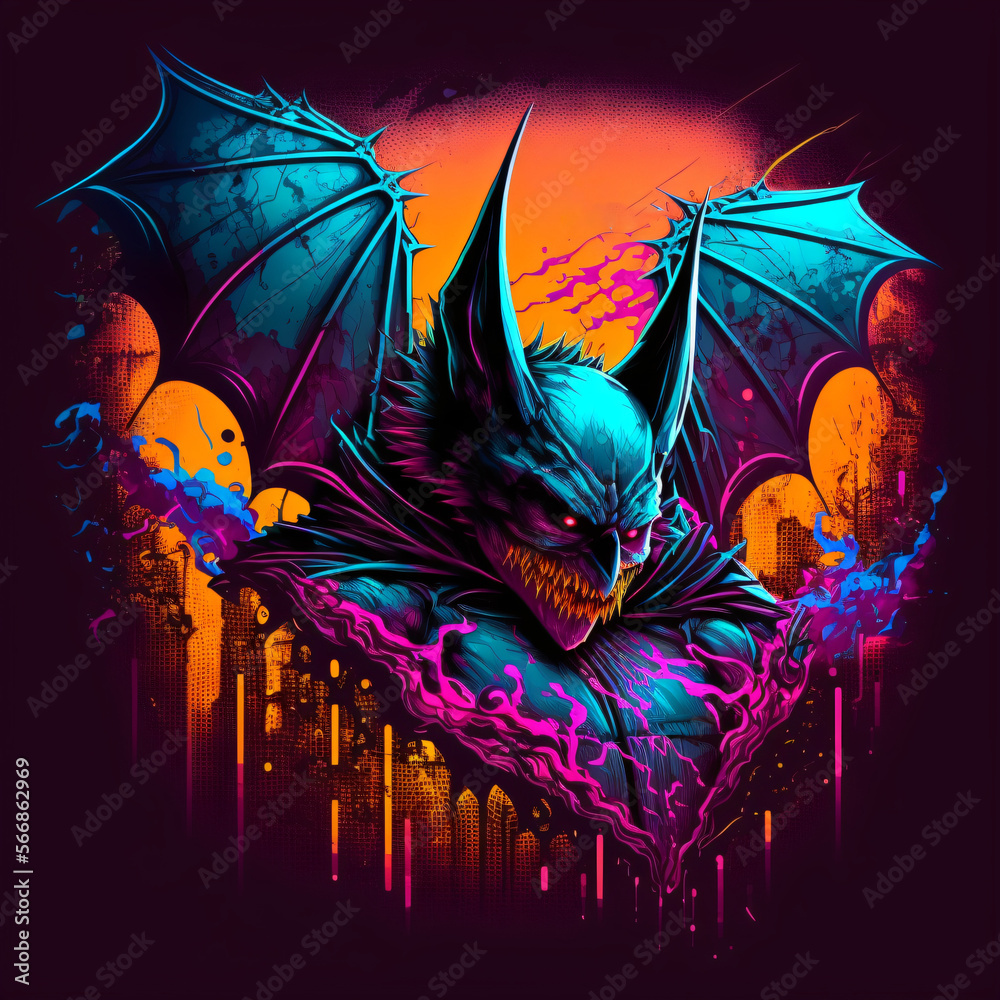 flying bat monster neon style art design isolated on a black background ...