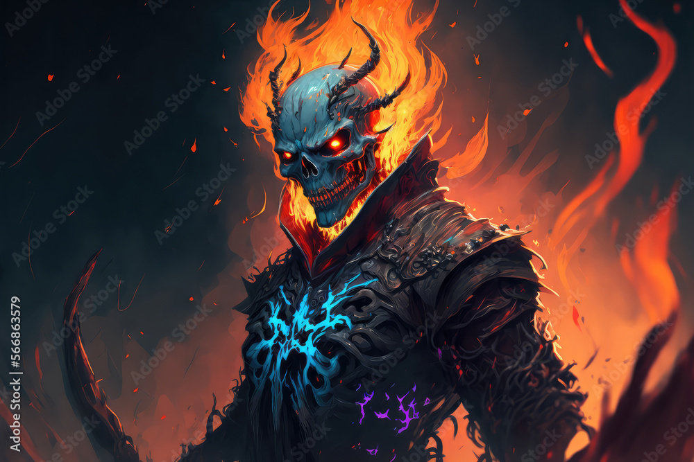 illustration painting of horror character of demon skeleton with fire ...