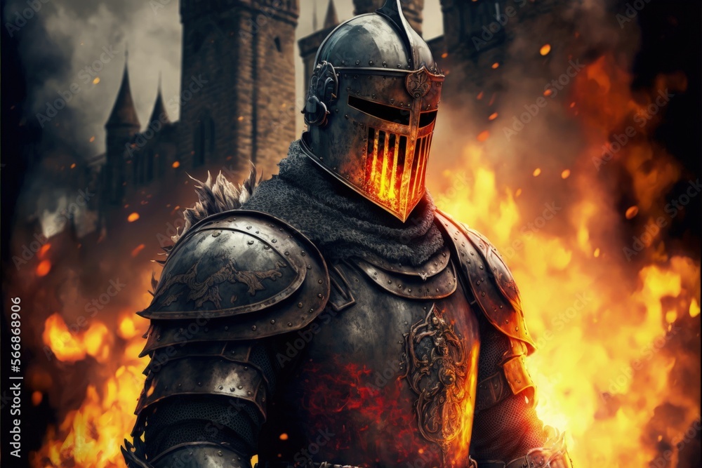 Medieval knight in armor, guarding the castle, burning castle in the background. Generative AI ...