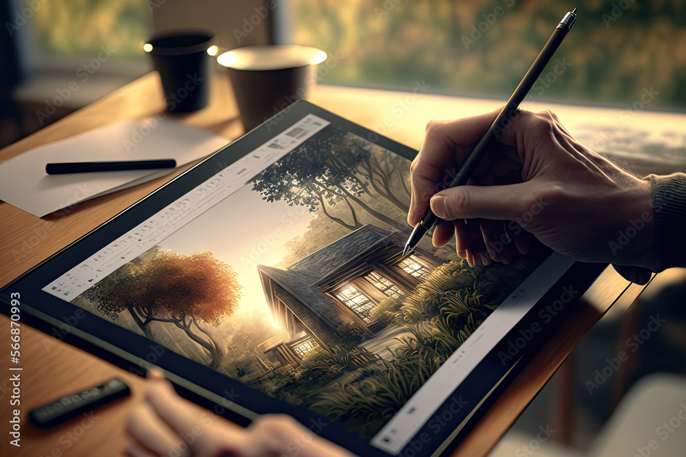 Tablet, laptop, computer screen, technology with beautiful scenery ...