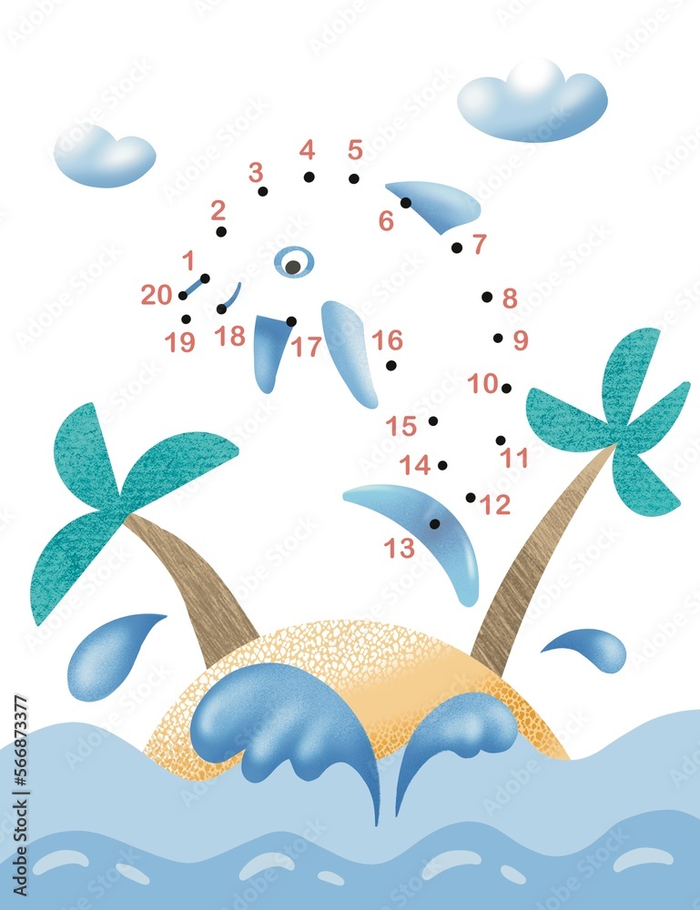 Connect dots from 1 to 20. Educational math game. Cute dolphin in sea ...