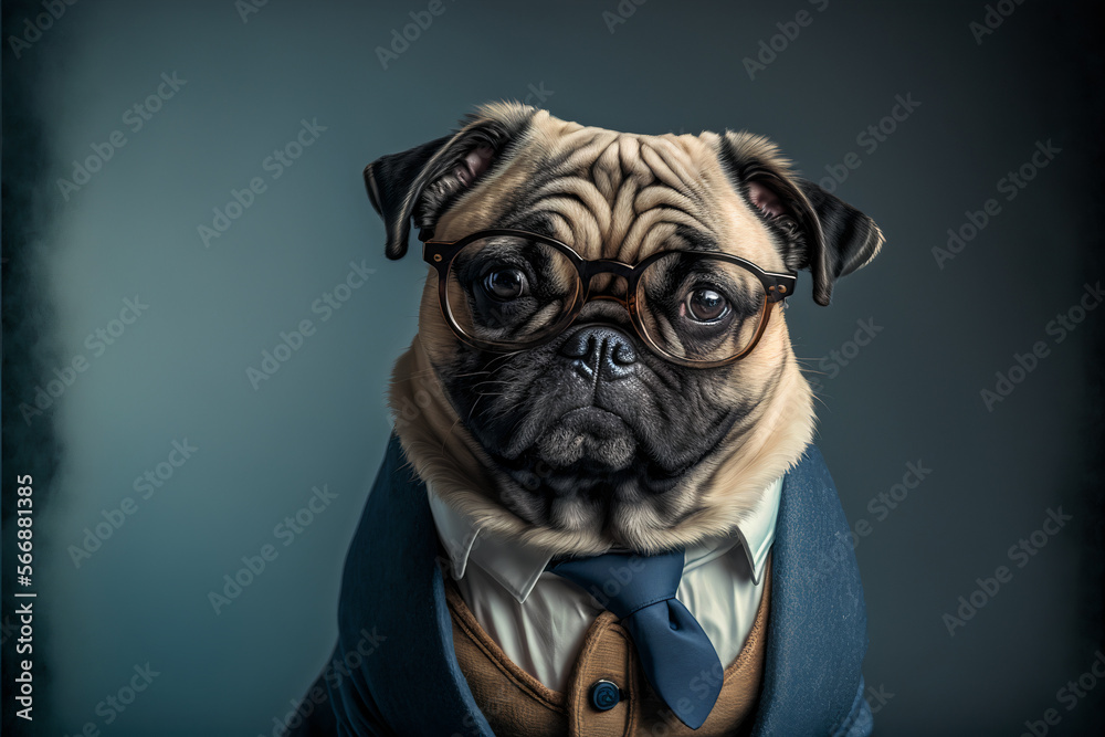 Funny pug wearing glasses with suit in the blue background. Generative ...