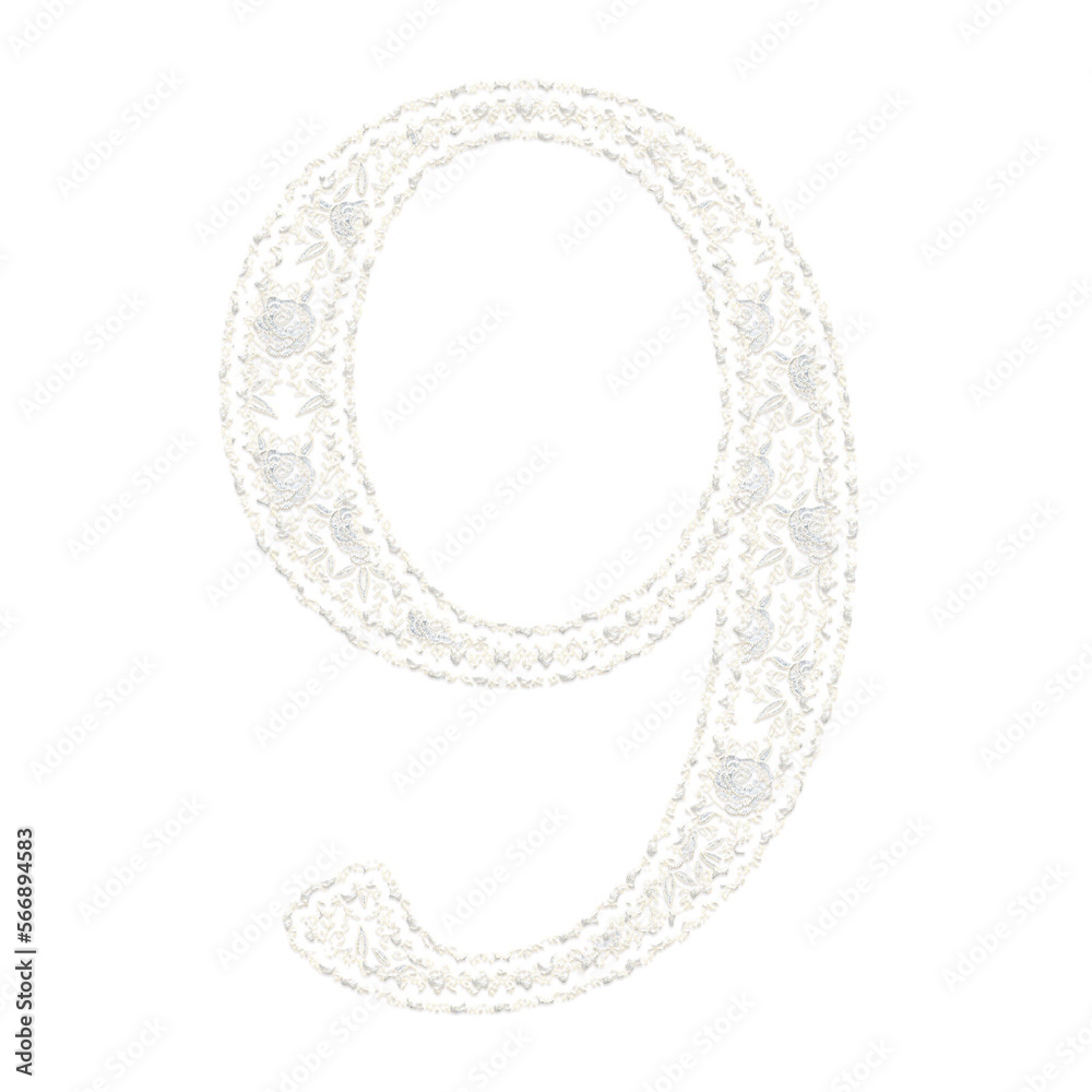 Beautiful floral lace numbers from 0 to 9, off white color, isolated ...