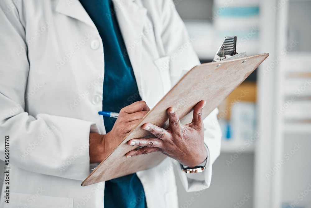 Pharmacy, inventory and hands of woman with clipboard for checklist ...