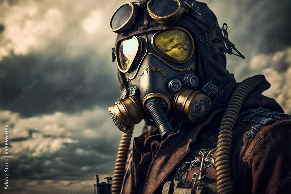 dieselpunk soldier wearing a gas mask with polluted air background ...