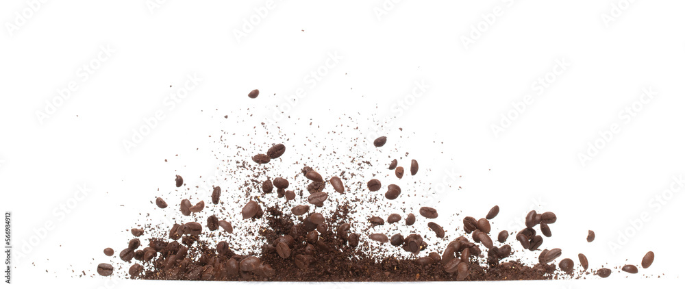 Foto Coffee powder mix bean fly explosion, Coffee crushed mix seed float explode, abstract cloud ...
