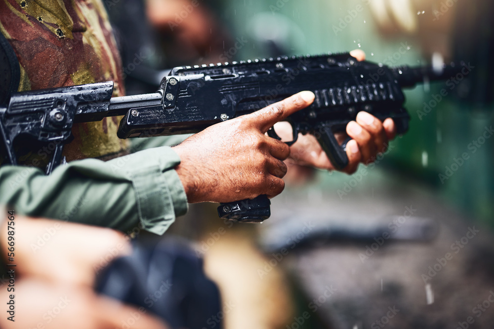 Foto War, battle and hands with a paintball gun for a game, competition ...