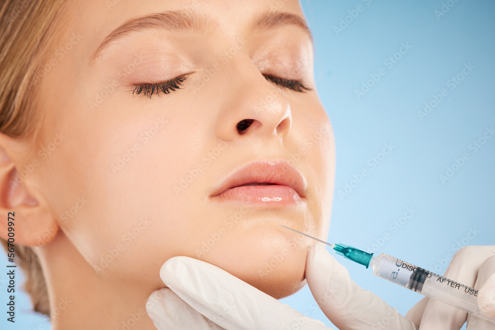 Woman, studio and botox injection for lip filler, beauty and anti aging ...