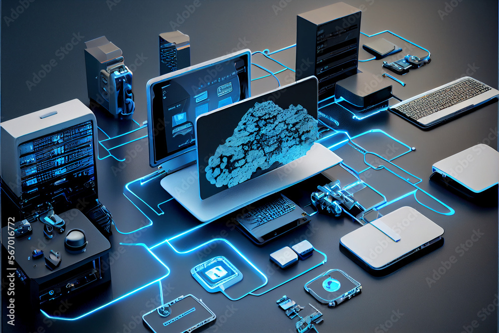 Cloud technology, computing. Devices connected to digital storage in ...