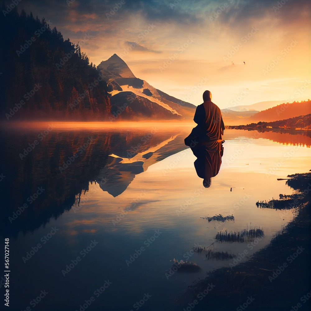 Buddhist monk meditating on calm lake at morning sunrise . Mind faith ...