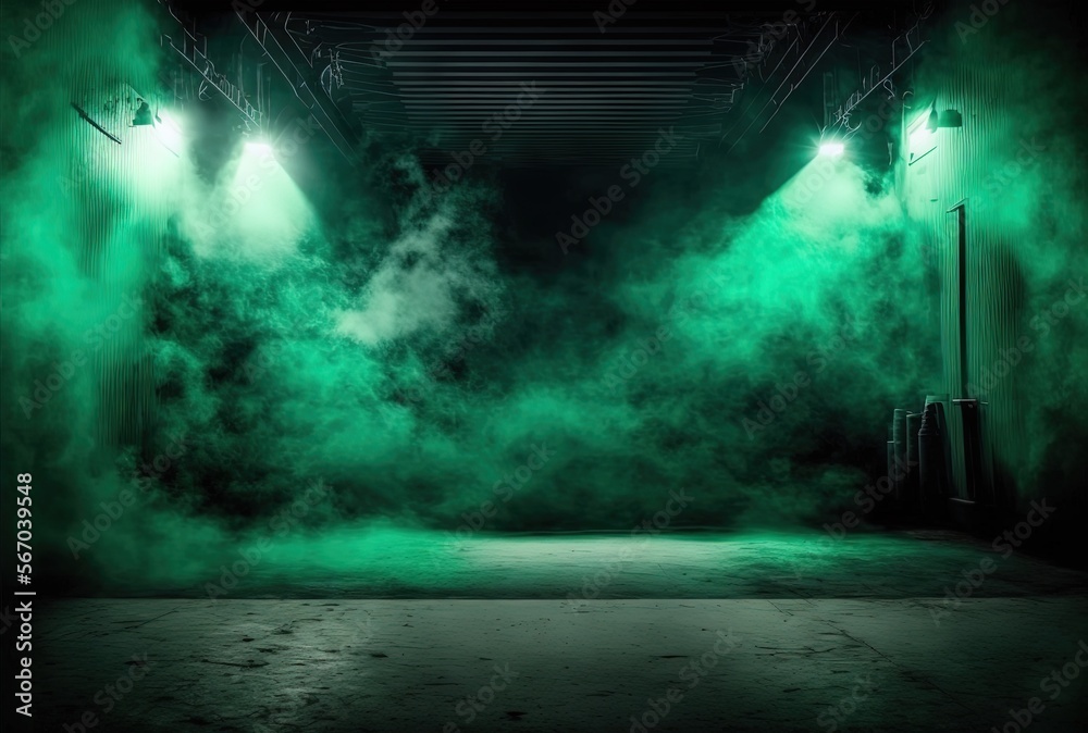 green spotlights shine on stage floor in dark room, idea for background ...