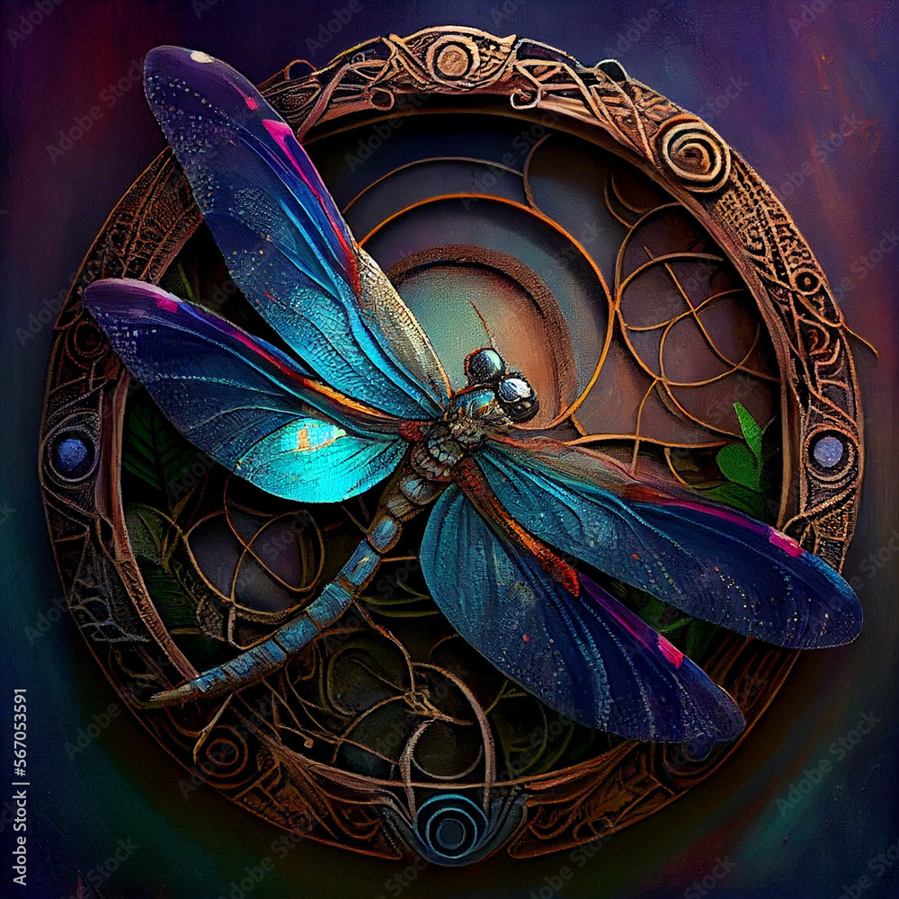 Colorful Dragonfly Insect in Vibrant Colors With a Vine Entwined Motif ...