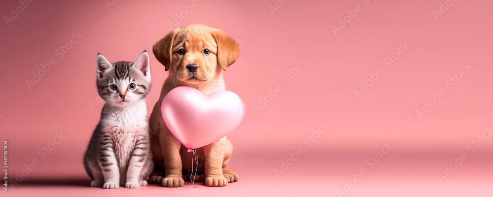 Cute dog and cat with valentine heart shape balloon on pink background ...