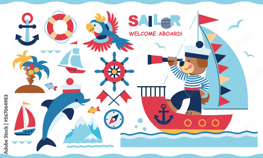 Cute sea adventures elements, marine animals, dog sailor, dolphin ...
